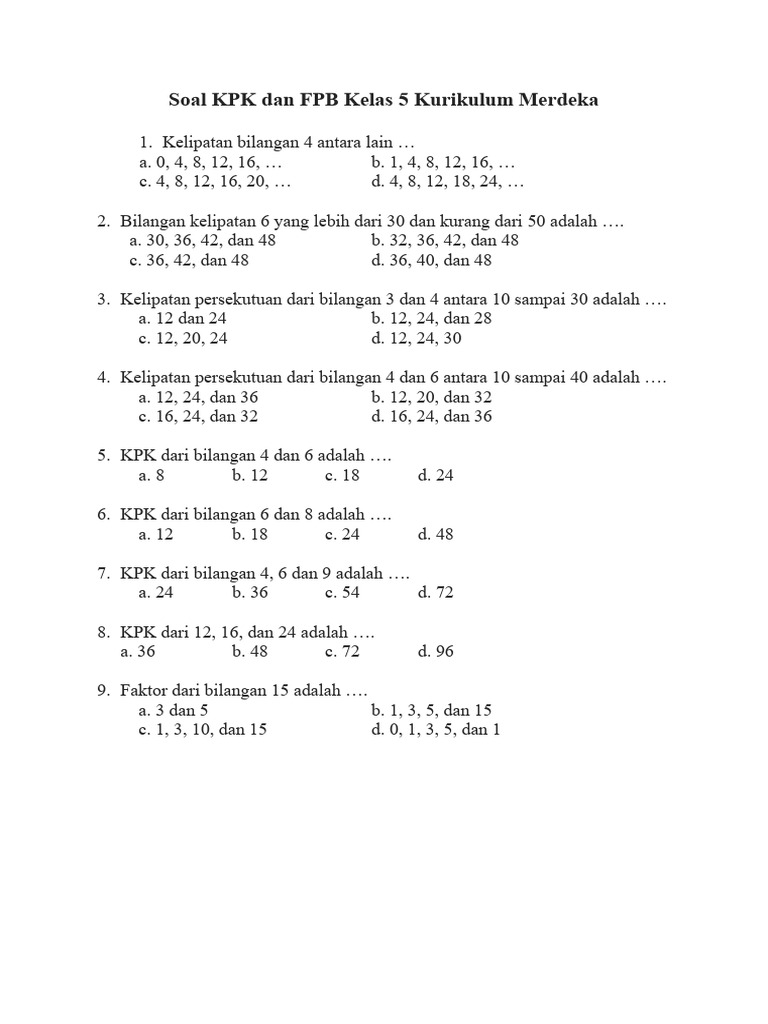 Soal KPK Dan FPB Kelas 5 | PDF