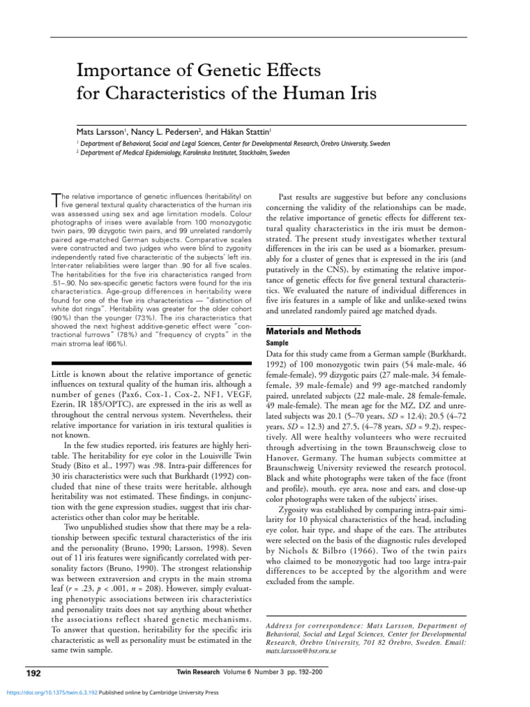 Importance of Genetic Effects For Characteristics of The Human Iris | PDF | Heritability | Twin