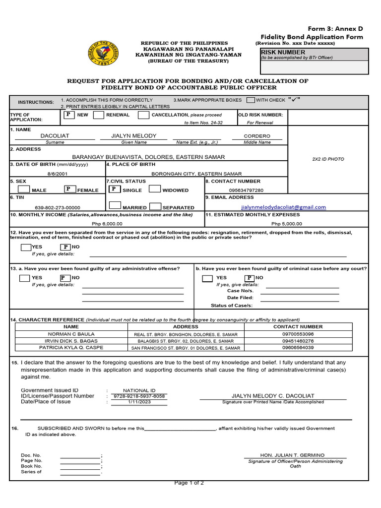 Fidelity Bond Application Form FBAF (2) | PDF