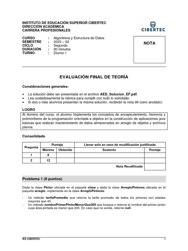 SP_1814_Algoritmos_y_Estructura de Datos_Evaluación_Final_Teoría_Diurno_1 | PDF | Constructor ...