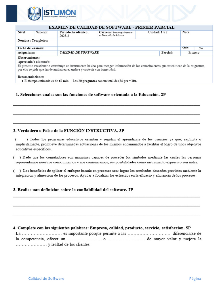 EXAMEN DE CALIDAD SOFTWARE 2023-2 | PDF | Escalabilidad | Software