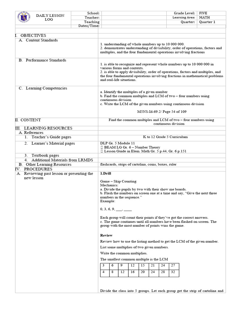 Co DLP Math Grade 5 Q1 | PDF | Factorization | Cognitive Science