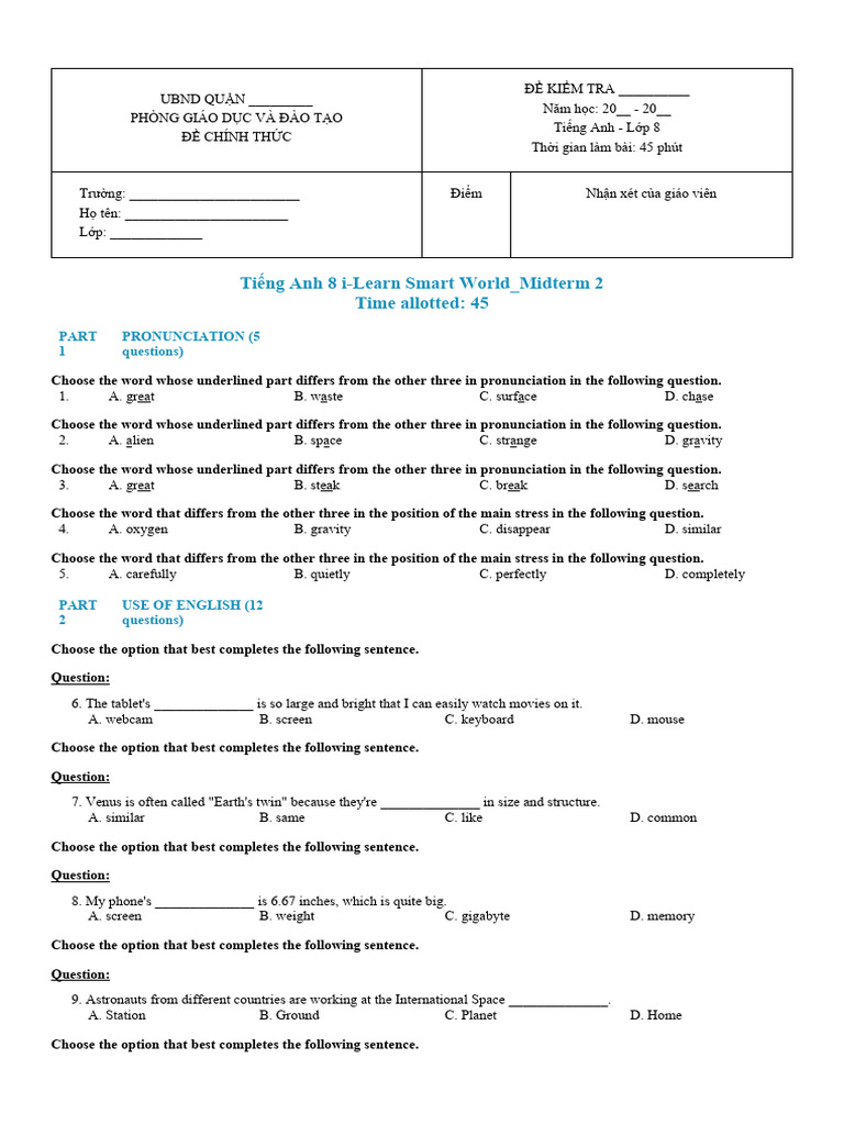 Tiếng Anh 8 I-Learn Smart World - Midterm 2 | PDF | Robot | Robotics