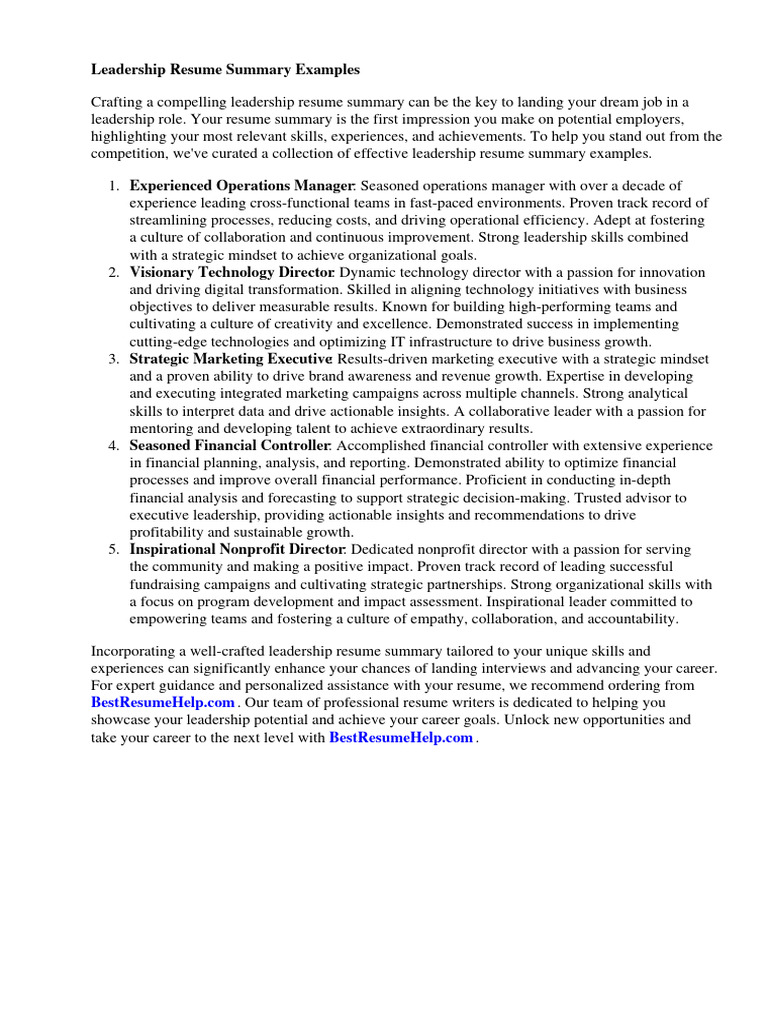 Leadership Resume Summary Examples | PDF | Leadership | Strategic ...