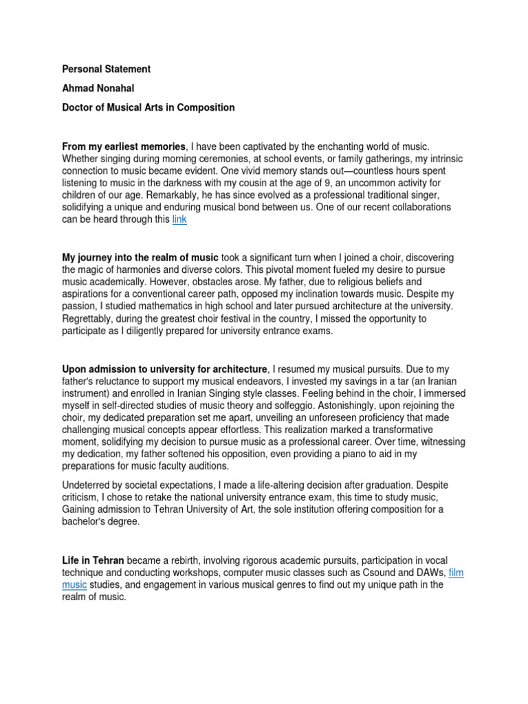Personal Statement | Download Free PDF | Choir | Performing Arts
