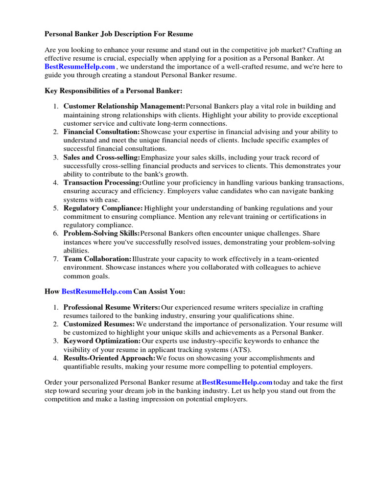 Personal Banker Job Description For Resume | PDF | Banks | Sales