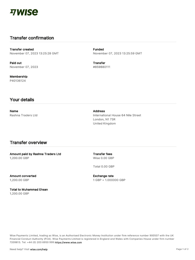 Wise Transaction Invoice Transfer 859880111 1938373711 en | PDF | Pound ...
