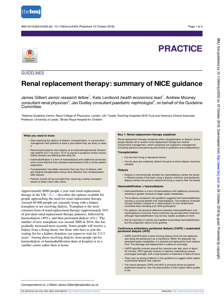 RRT - Summary of The NICE Guidelines 2018 | PDF | Kidney Transplantation | Hemodialysis