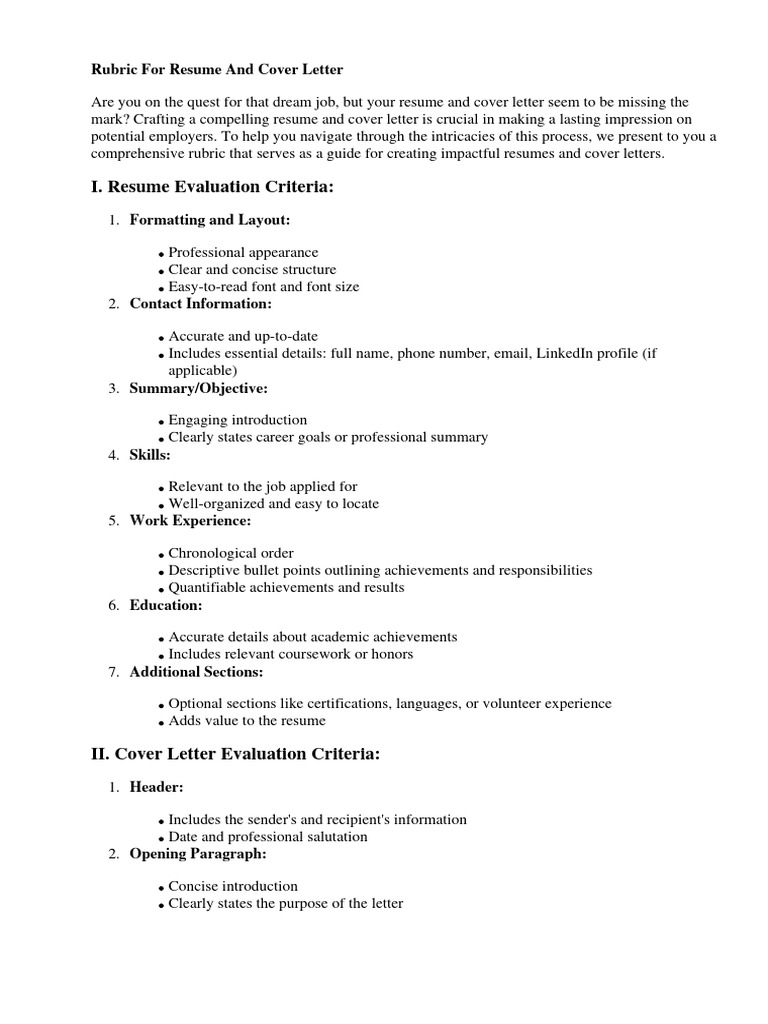 Rubric For Resume and Cover Letter | PDF | Résumé | Cognition