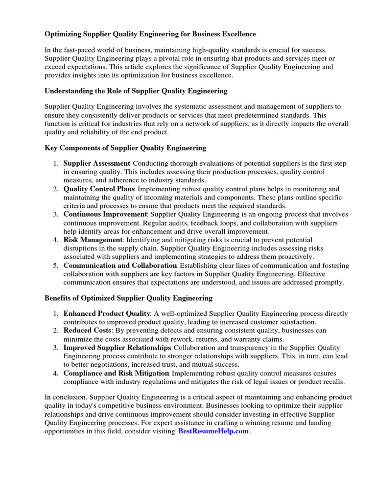 Supplier Quality Engineer Cover Letter Sample | PDF | Supply Chain | Risk