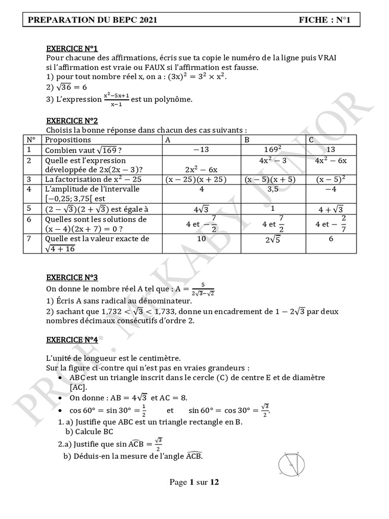 Prepa BEPC 2021 | PDF | Analyse mathématique | Algèbre