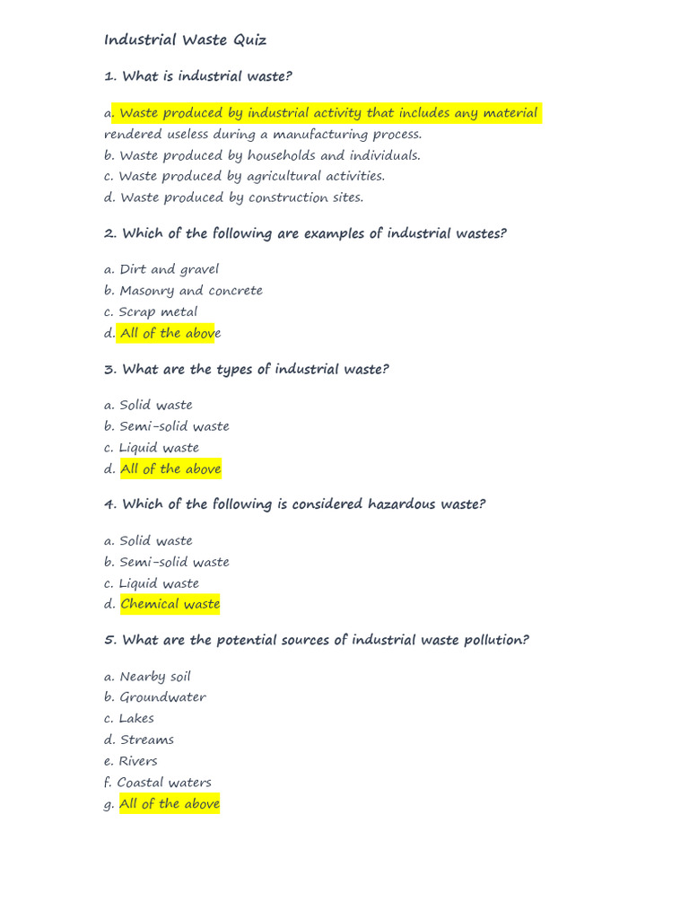 Industrial Waste Quiz | PDF | Waste | Water Pollution