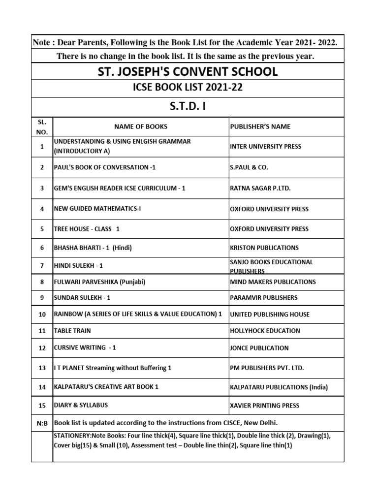 Convent Book List 2021 22 | PDF