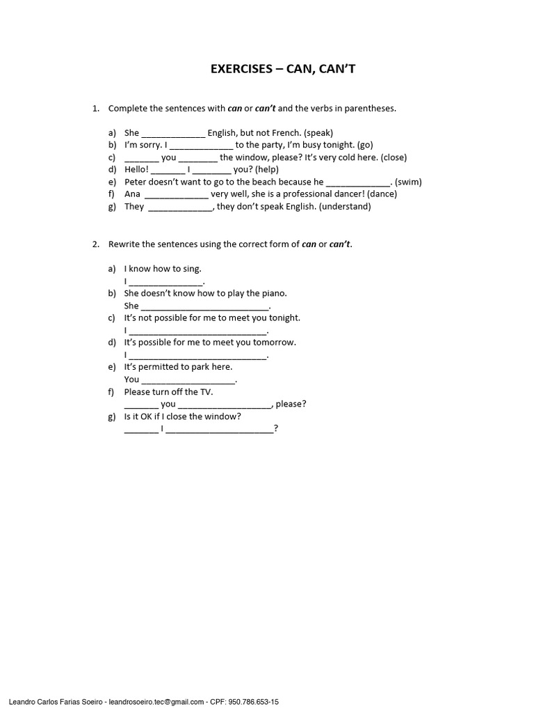 Aula 01 - Can, Can't (exercises) | PDF | Linguistics | Grammar