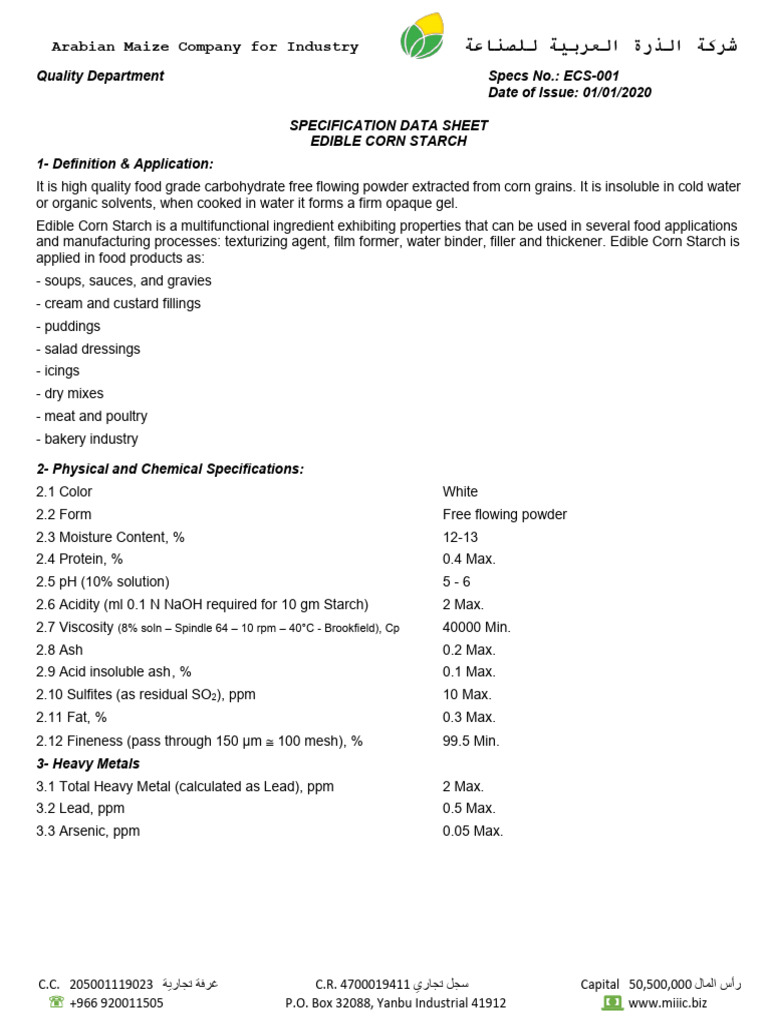 Corn Starch - Food Grade | PDF | Starch | Corn Starch