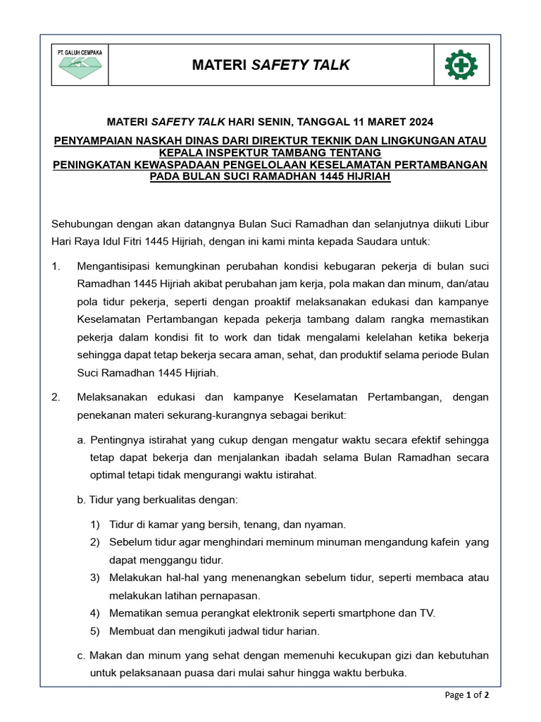 Materi Safety Talk - Senin 11-03-2024 | PDF