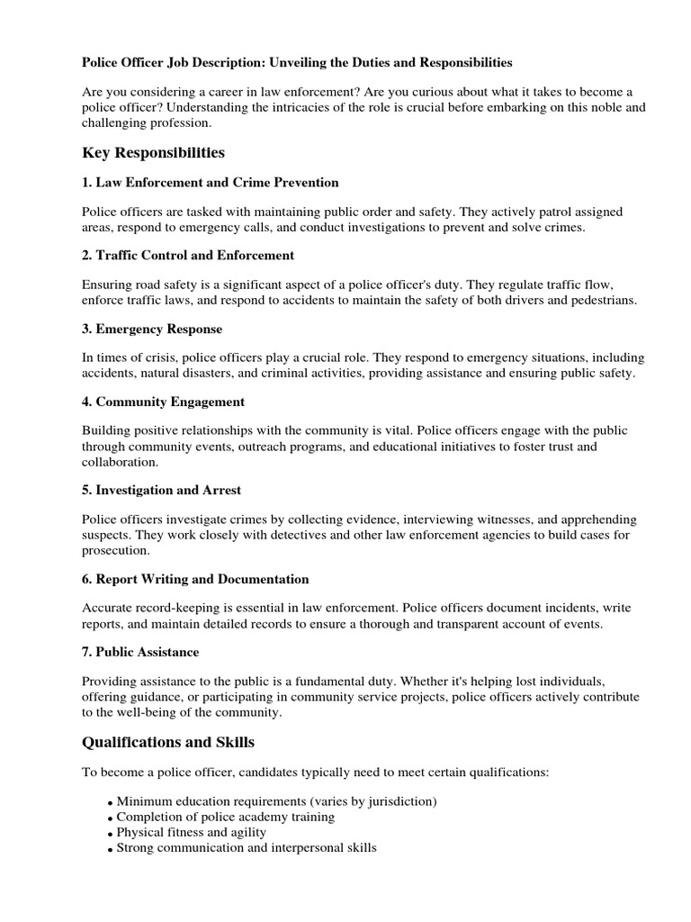 Police Officer Job Description For Resume | PDF | Police | Police Officer