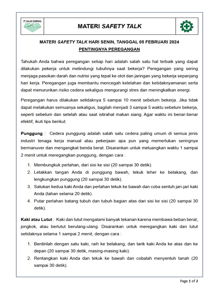 Materi Safety Talk - Senin 05-02-2024 | PDF
