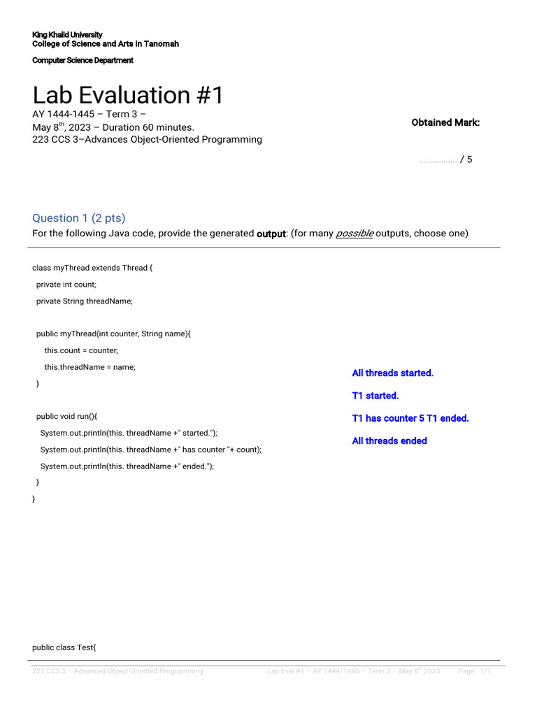 Java Lab Evaluation: Threading Concepts | PDF