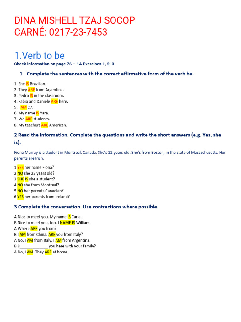 Verb "To Be" Exercises and Answers | PDF | Foreign Language Studies