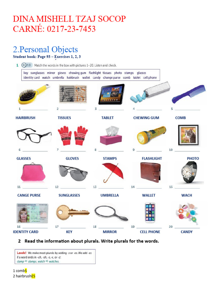 Vocabulary of Personal Belongings | PDF
