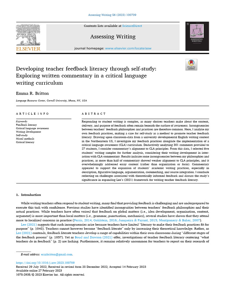Developing teacher feedback literacy through self-study Exploring ...