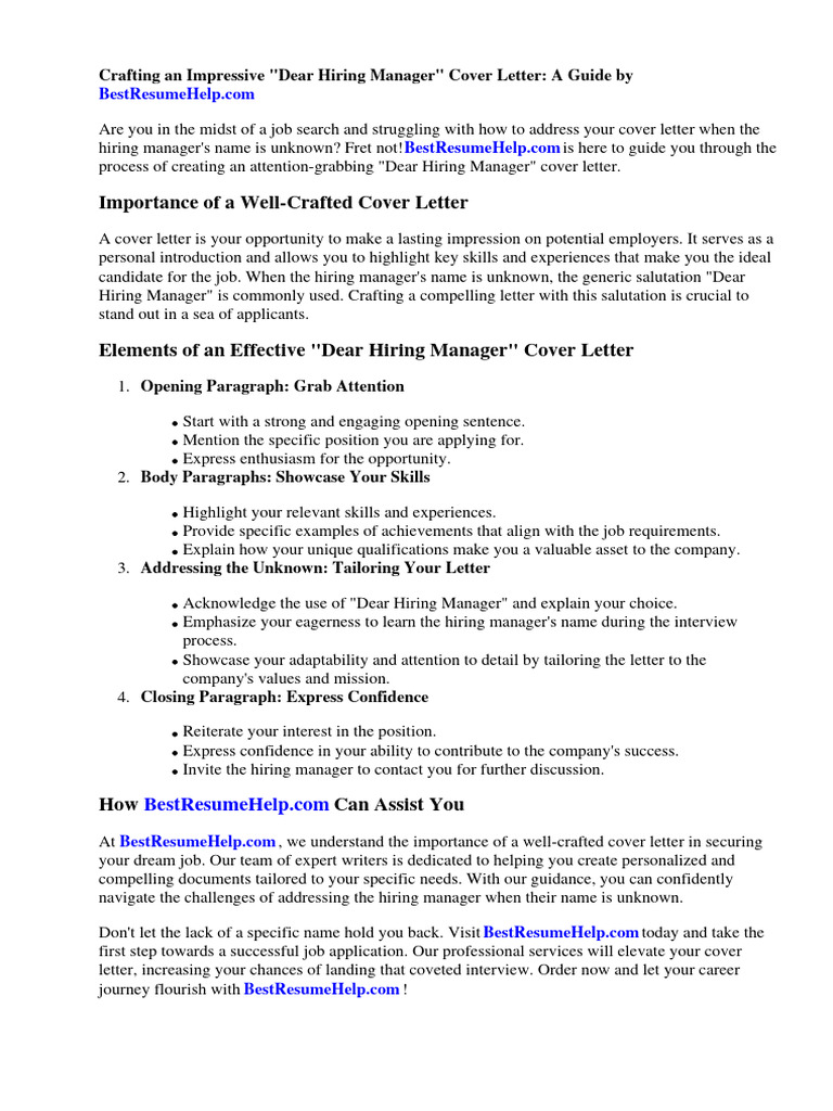 Dear Hiring Manager Cover Letter Sample | Download Free PDF | Résumé ...