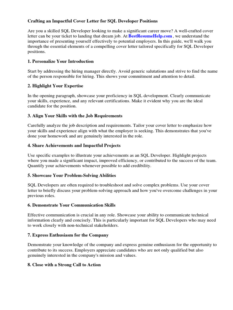 Cover Letter For SQL Developer | PDF | Databases | Sql