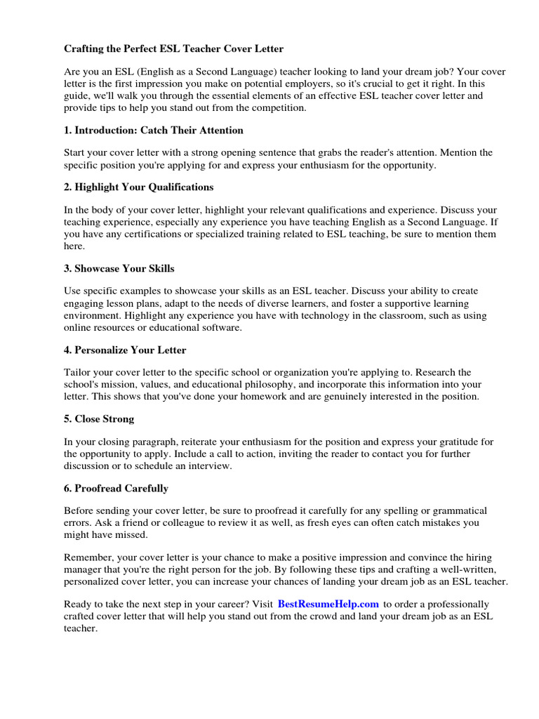 Esl Teacher Cover Letter | PDF | English As A Second Or Foreign ...