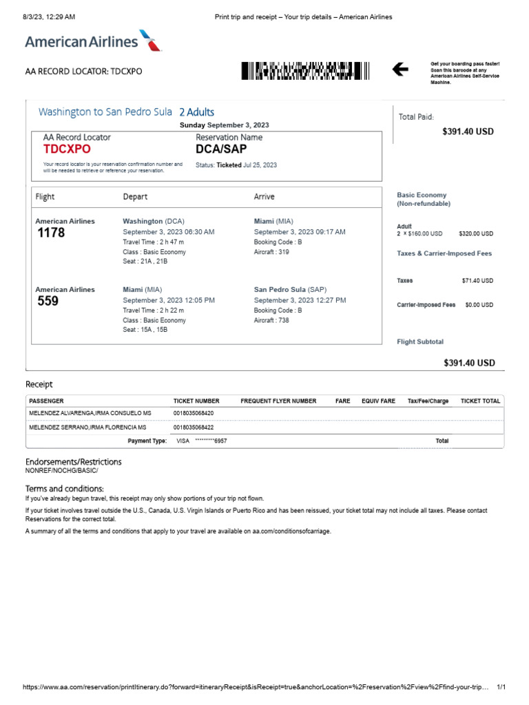 Print Trip and Receipt - Your Trip Details - American Airlines | PDF ...