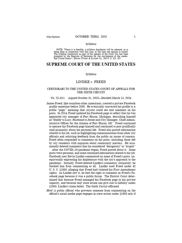 Supreme Court of The United States: Lindke V. Freed | PDF | First ...