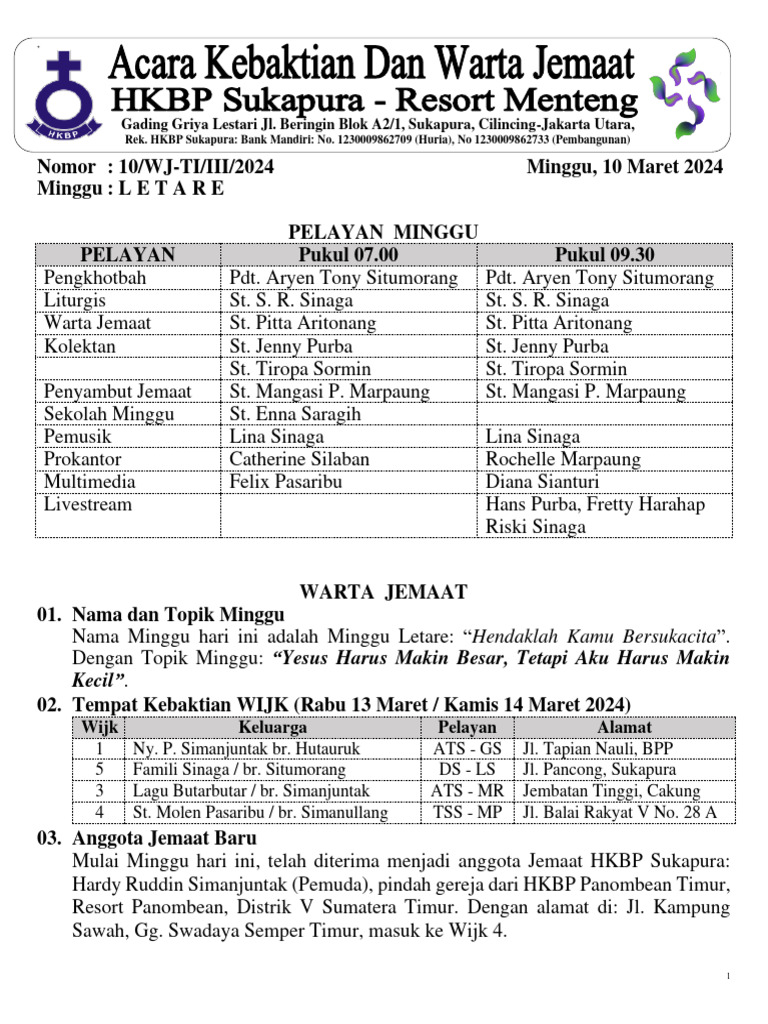 Ibadah Minggu Letare HKBP Sukapura | PDF