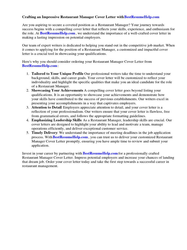 Restaurant Manager Cover Letter | PDF | Databases | Employment