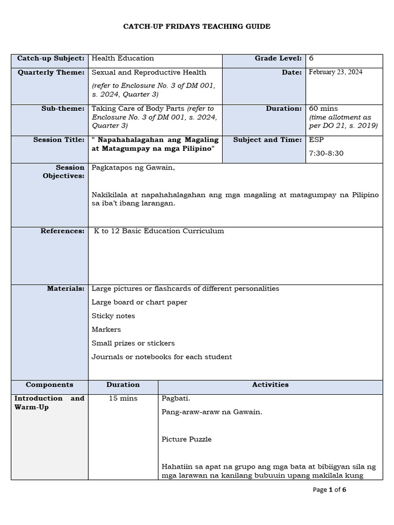 Grade6 Esp Health Ed Catch Up Friday | PDF