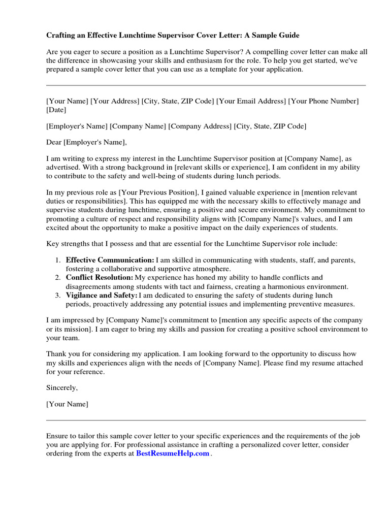Lunchtime Supervisor Cover Letter Sample | PDF Lunchtime Supervisor Cover Letter Sample | PDF