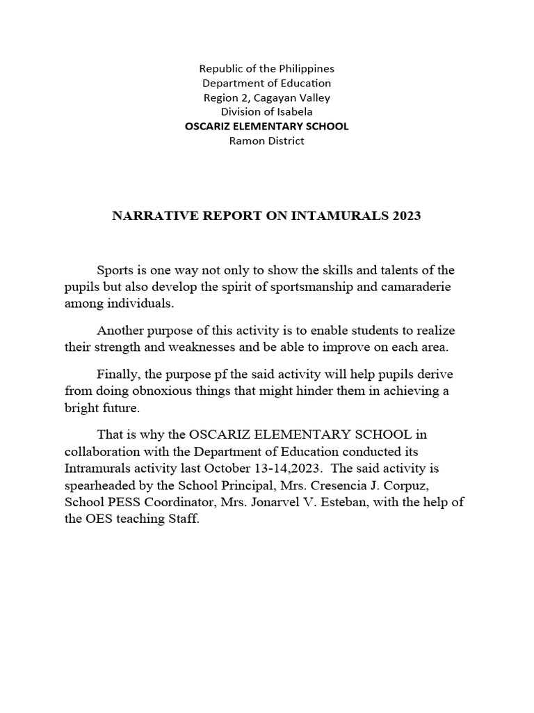 Narrative Report on Intramurals 2023 | PDF