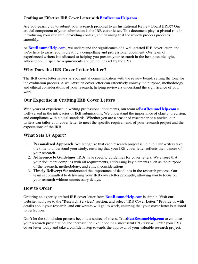Irb Cover Letter Example | PDF | Institutional Review Board | Evaluation Irb Cover Letter Example | PDF | Institutional Review Board | Evaluation