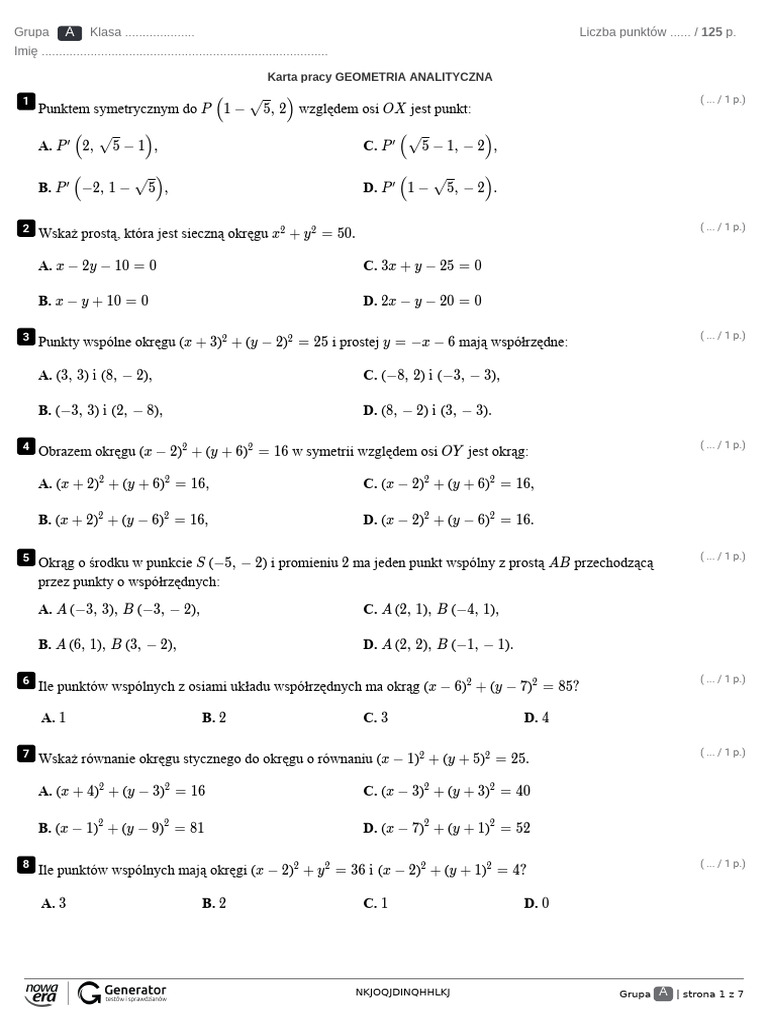 Karta Pracy GEOMETRIA ANALITYCZNA Test (Z Widoczną Punktacją) | PDF