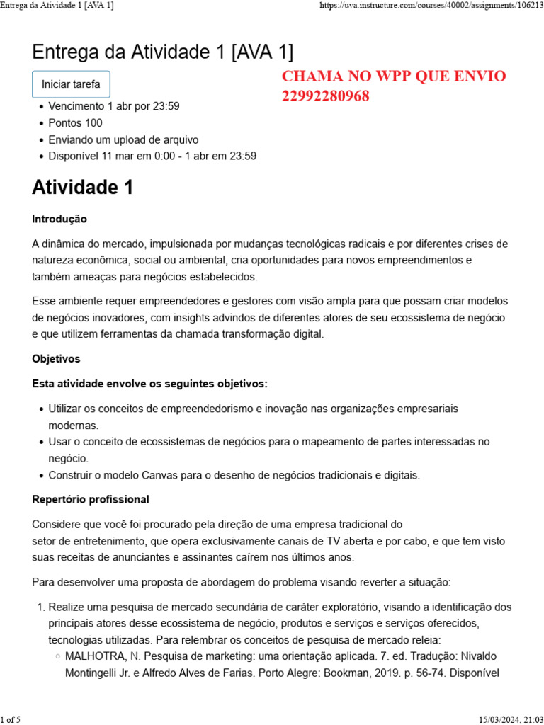 Entrega Da Atividade 1 (AVA 1) Modelagem de Novos Negócios 2024 MEDICINA HIAG | PDF ...