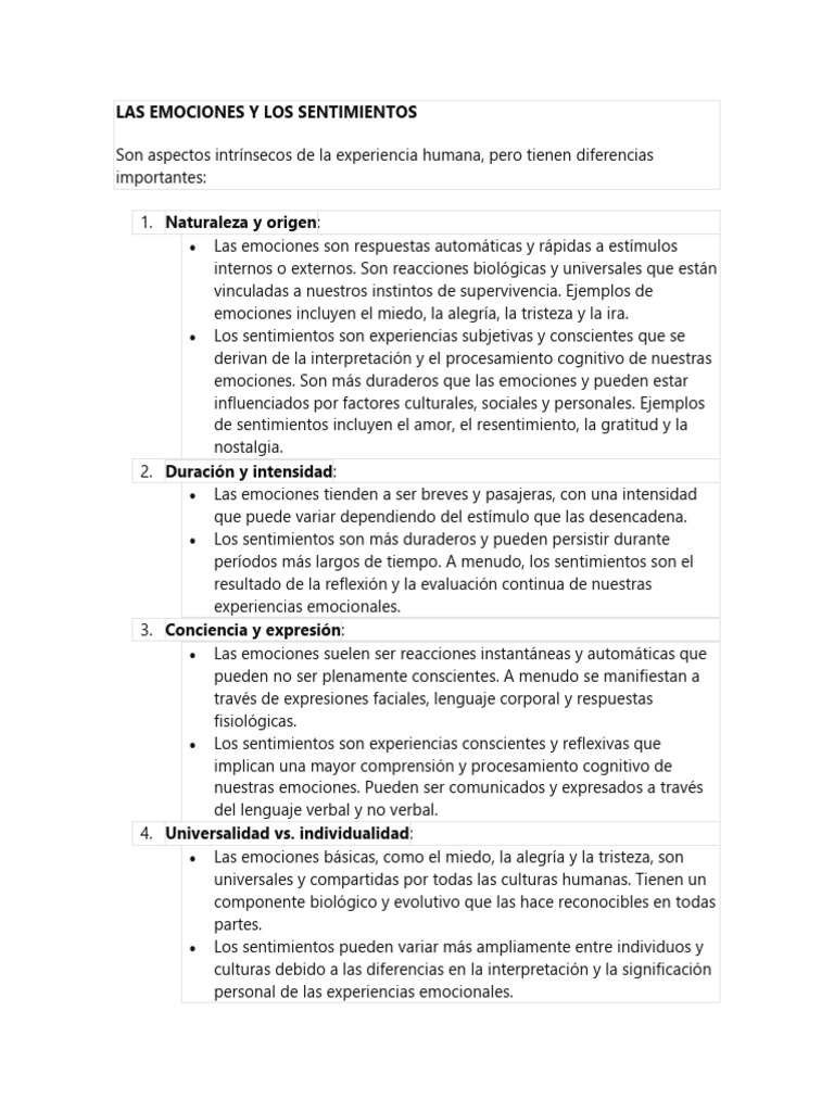 Diferencias entre Emociones y Sentimientos | PDF | Relaciones personales, crianza y desarrollo ...