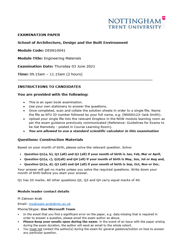 DESN10041 Exam Paper 2021 | PDF | Steel | Concrete