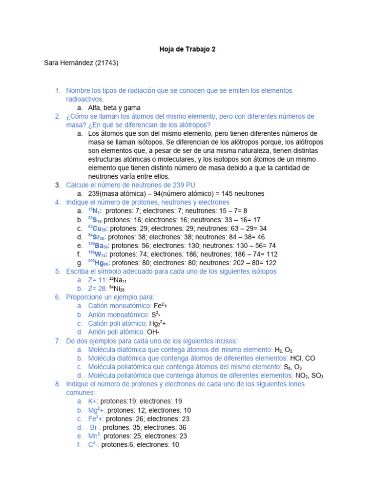 Hoja de Trabajo 2 Química | PDF | Neutrón | Isótopo