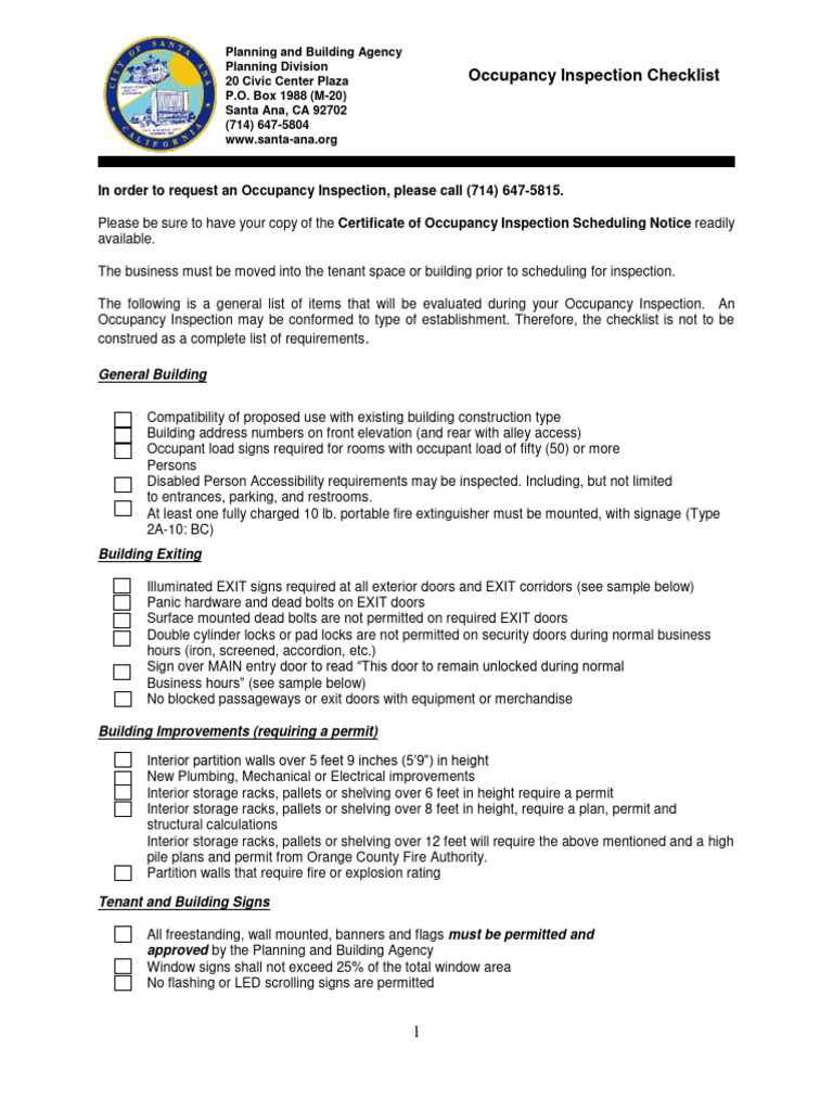 Santa Ana Occupancy Inspection Checklist | PDF | Building Engineering