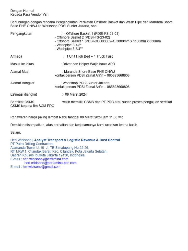 RFI Pengangkutan Peralatan Offshore Basket Dan Wash Pipe Dari Marunda Shore Base PHE ONWJ Ke ...