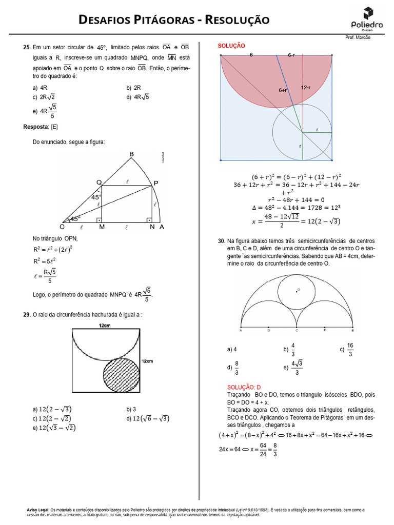 Desafios de Matemática: Resolução de Pitágoras | PDF | Círculo | Triângulo