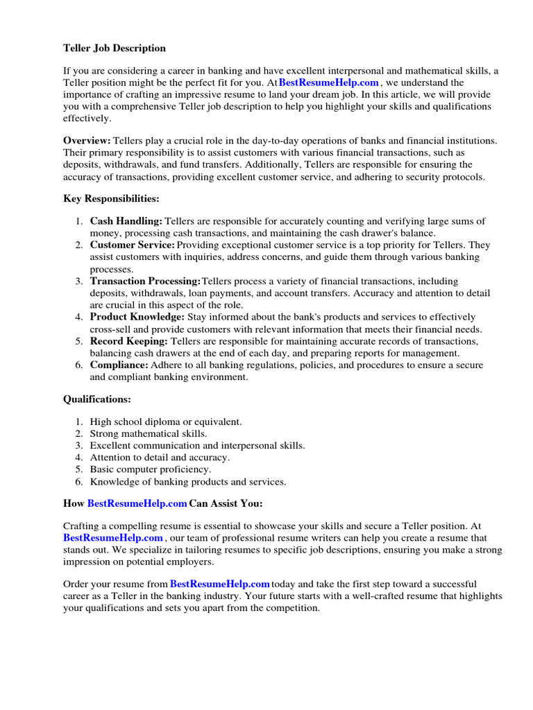 Teller Job Description For Resume | PDF | Résumé | Banks