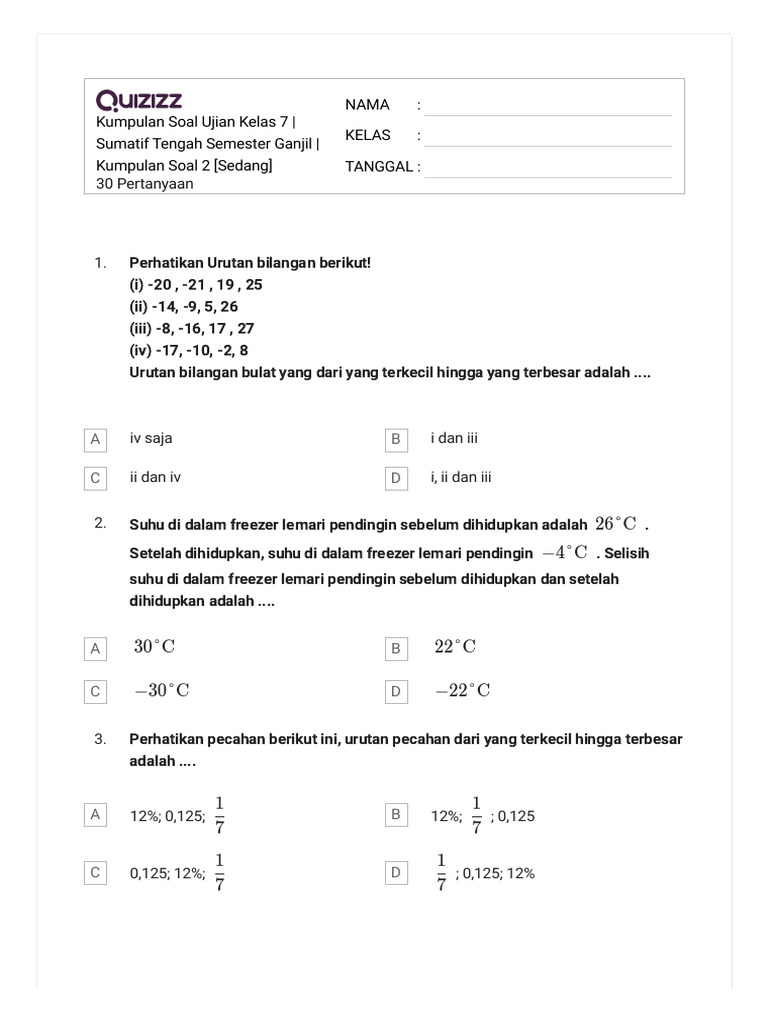 Soal Ujian Matematika Kelas 7 Semester 1 | PDF