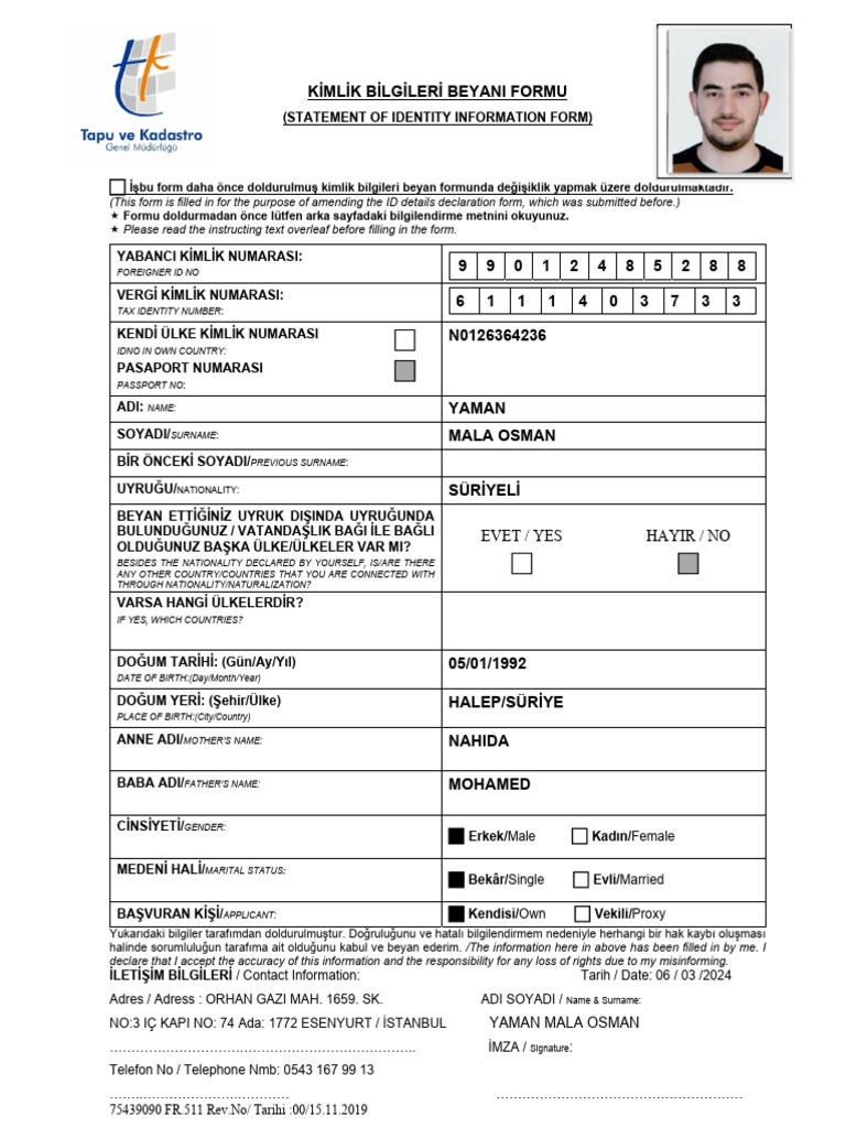 Kimlik - Bilgileri - Beyani - Formu 11.10.2021 | PDF