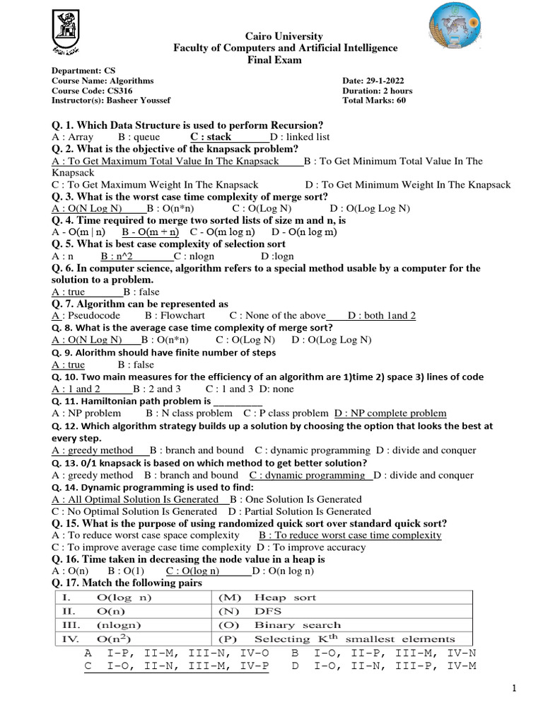 Algorithms - Exam 2021-2022 Model Answer | PDF | Theoretical Computer ...