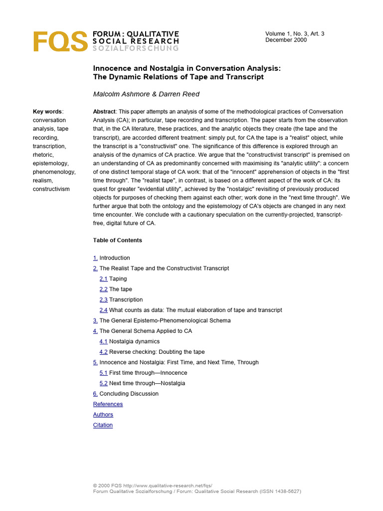 FQS - 1 - 3 - Ashmore - Innocence and Nostalgia in Conversation Analysis - The Dynamic Relations ...